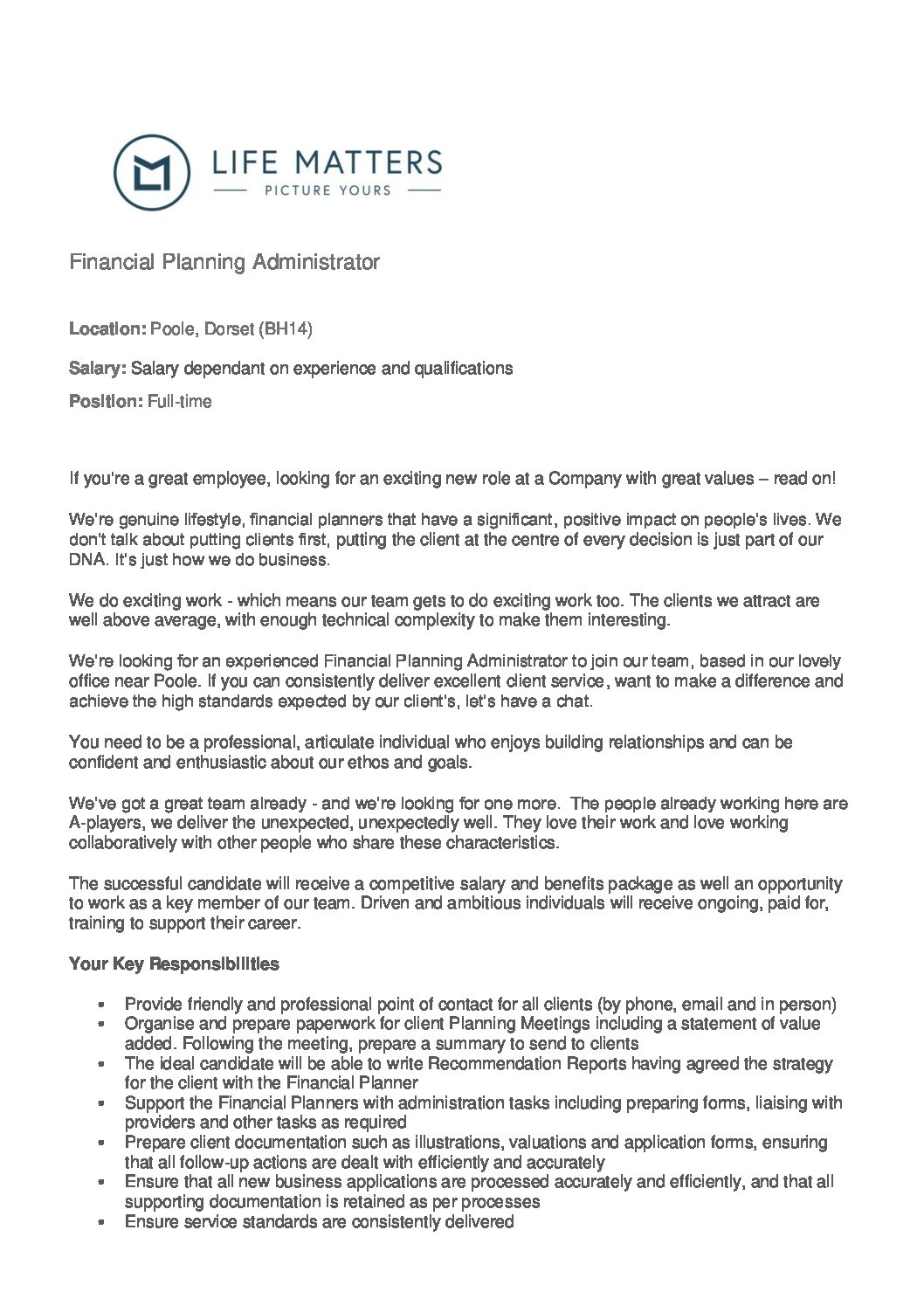 Admin Job Advert – Sept 2022 | Life Matters Financial Planning ...