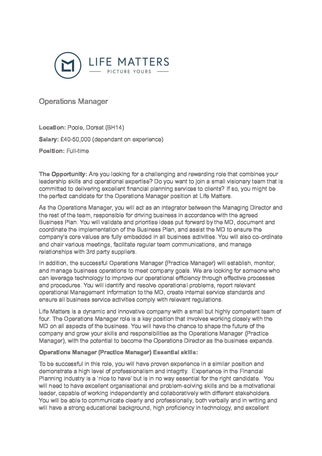 LM Operations Manager Advert | Life Matters Financial Planning ...